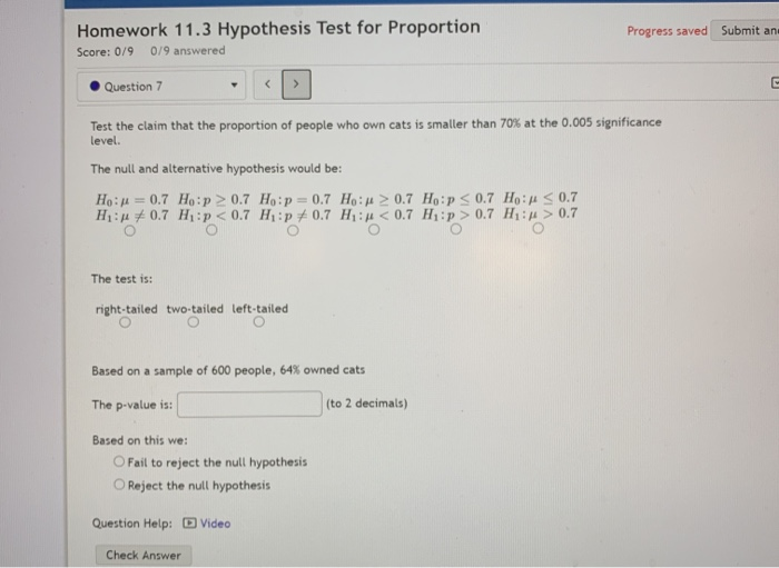 Solved Homework 11.3 Hypothesis Test for Proportion Score: | Chegg.com