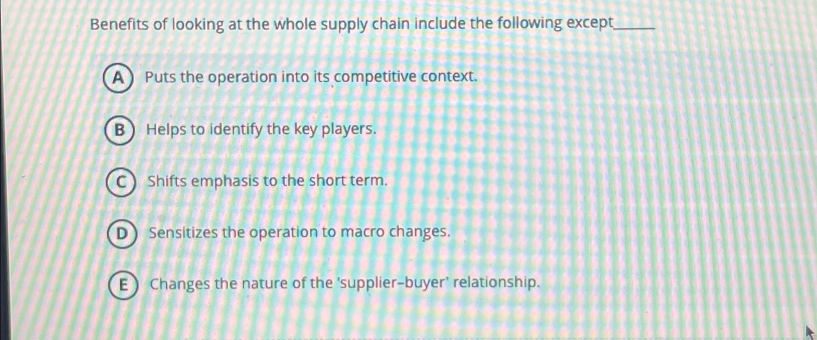 Solved Benefits of looking at the whole supply chain include | Chegg.com