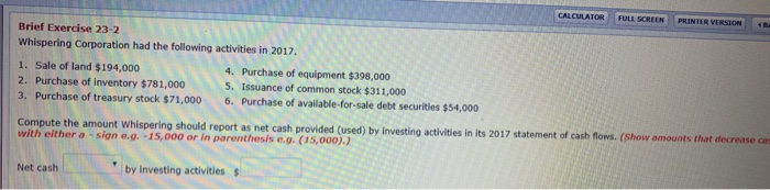 Solved CALCULATOR FULL SCREEN PRINTER VERSION Brief Exercise | Chegg.com