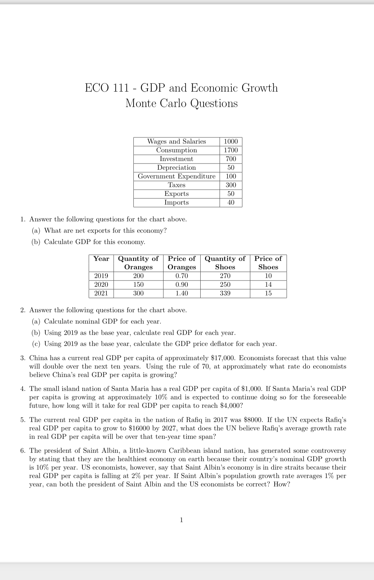 Solved ECO 111 - ﻿GDP and Economic GrowthMonte Carlo | Chegg.com