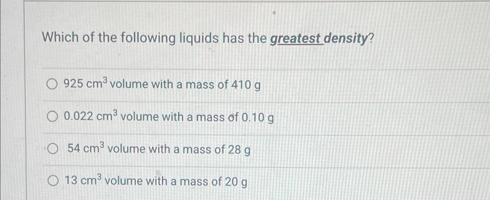 Solved Which of the following liquids has the greatest | Chegg.com