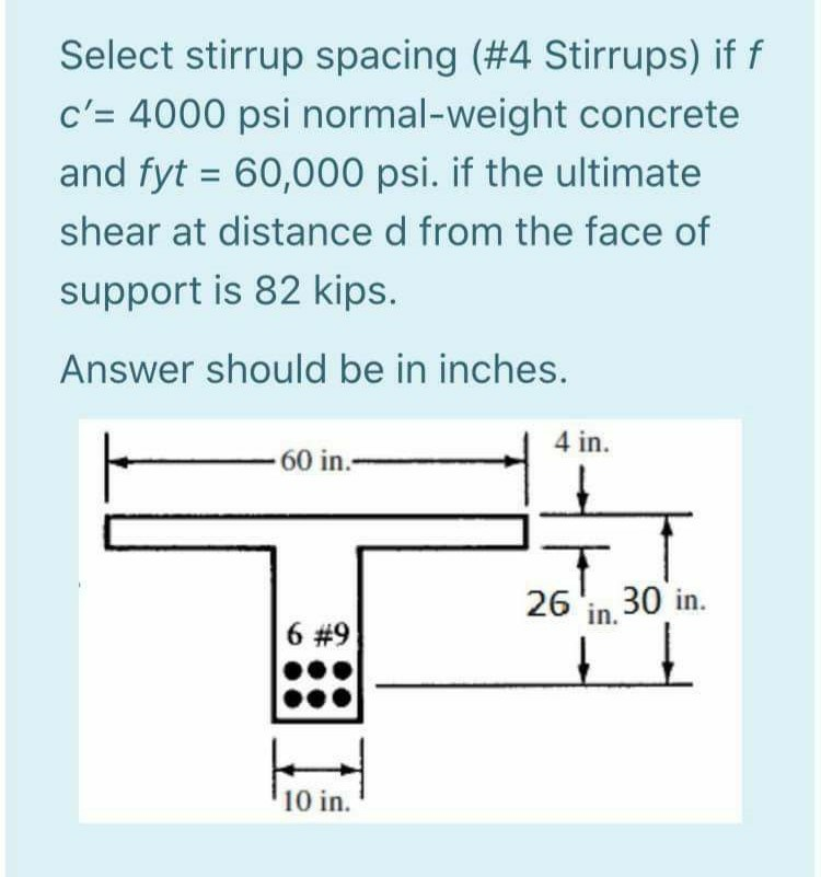 Solved Select stirrup spacing (#4 Stirrups) if f c'= 4000 | Chegg.com
