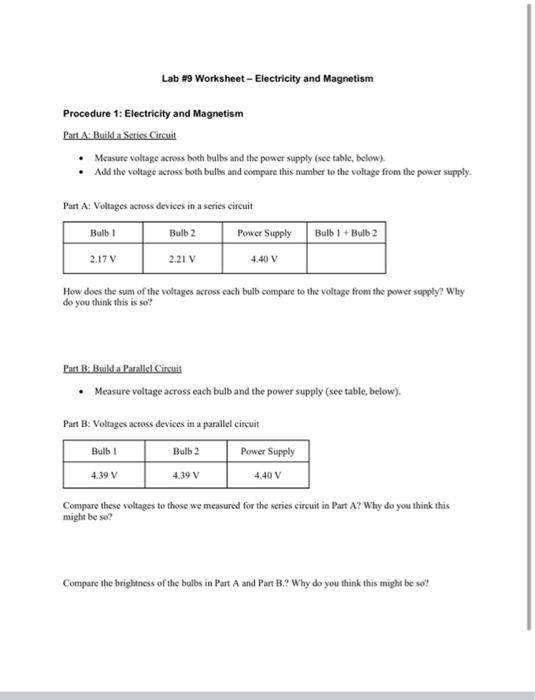Solved Lab #9 Worksheet - Electricity and Magnetism | Chegg.com
