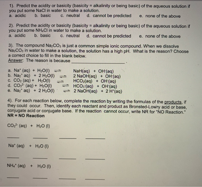 Solved 1). Predict the acidity or basicity (basicity = | Chegg.com