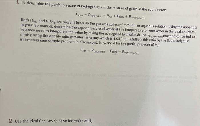 Solved 1 To determine the partial pressure of hydrogen gas | Chegg.com