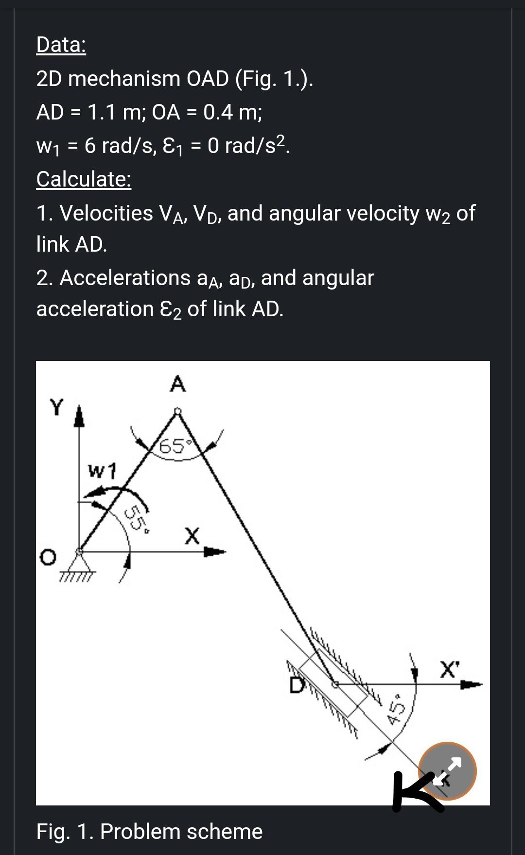 Solved Data: 2D mechanism OAD (Fig. 1.). AD=1.1 m;OA=0.4 m; | Chegg.com