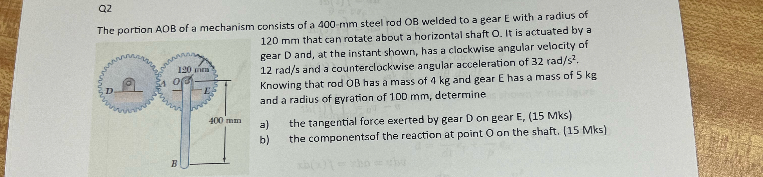 Solved Q2The portion AOB of a mechanism consists of a 400-mm | Chegg.com