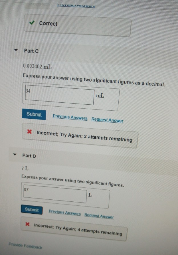 Solved Correct Part C 0.003402 mL Express your answer using | Chegg.com