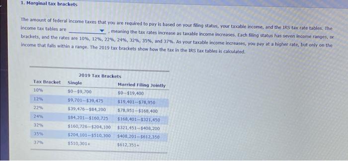 Solved 1. Marginal tax brackets The amount of federal income | Chegg.com
