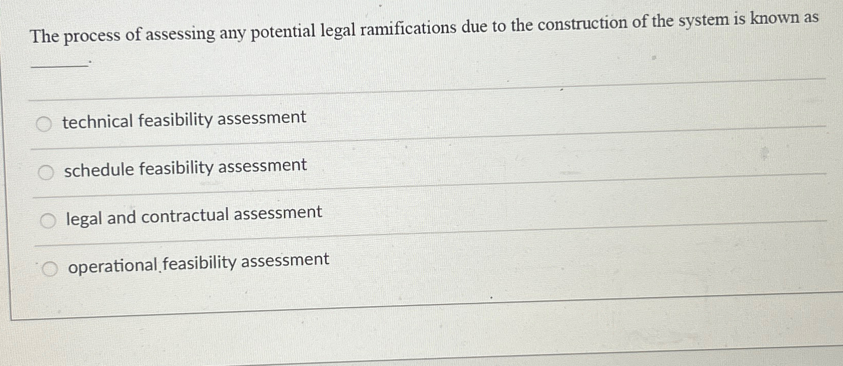 Solved The process of assessing any potential legal | Chegg.com