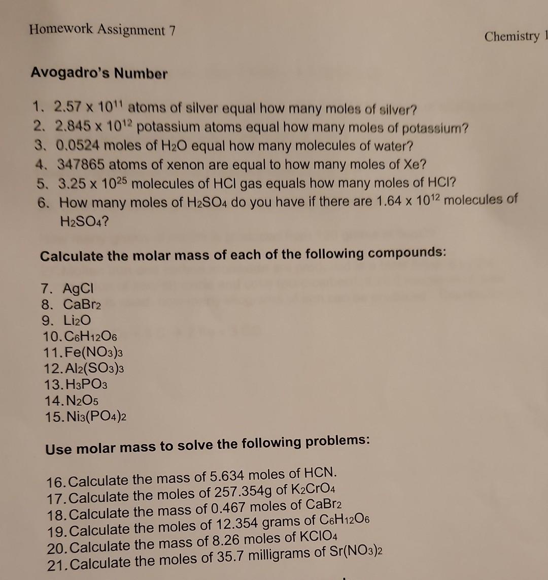 Solved Homework Assignment 7 Chemistry 1 Avogadro's Number | Chegg.com