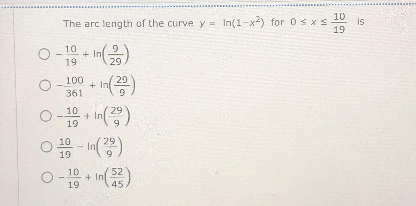 Solved The arc length of the curve y=ln(1-x2) ﻿for 0≤x≤1019 | Chegg.com