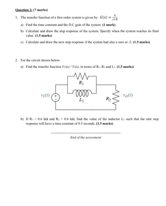 Solved Question 1: (8 marks) 1. Find the time response ct) | Chegg.com