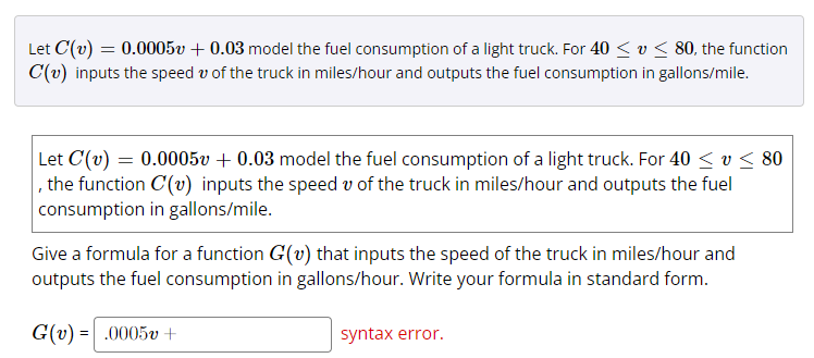 Solved Let C(v)=0.0005v+0.03 ﻿model the fuel consumption of | Chegg.com