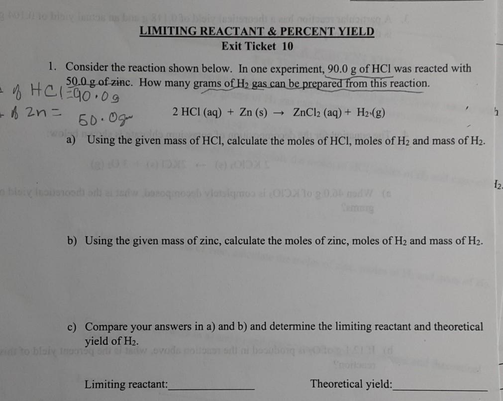 Solved LIMITING REACTANT & PERCENT YIELD Exit Ticket 10 of | Chegg.com