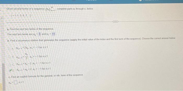 Solved Given soverat terms of a sequence {an}n=1∞, completo | Chegg.com