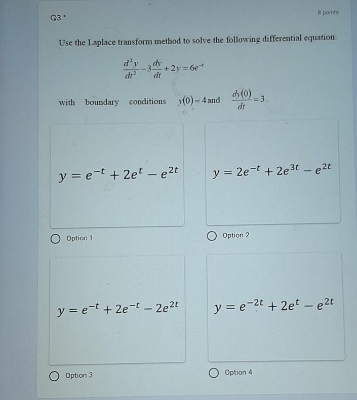 Solved 8 points Q3 Use the Laplace transform method to solve | Chegg.com