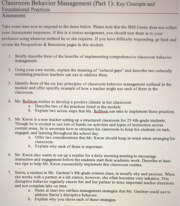 Solved Classroom Behavior Management (Part 1): Key Concepts | Chegg.com