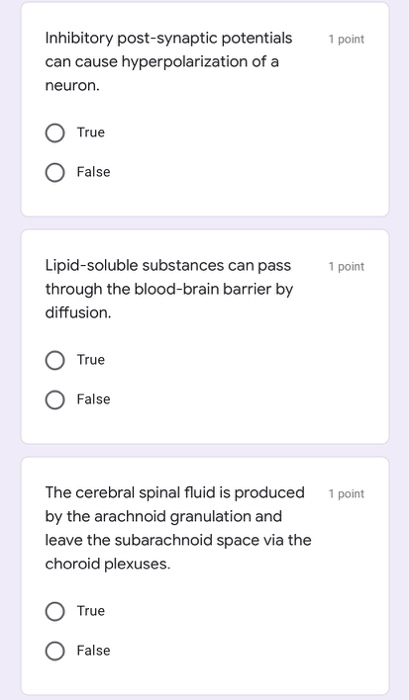 Solved 1 point Inhibitory post-synaptic potentials can cause | Chegg.com
