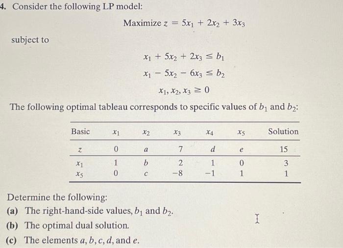 Solved 4. Consider the following LP model: Maximize z = 5x1 | Chegg.com