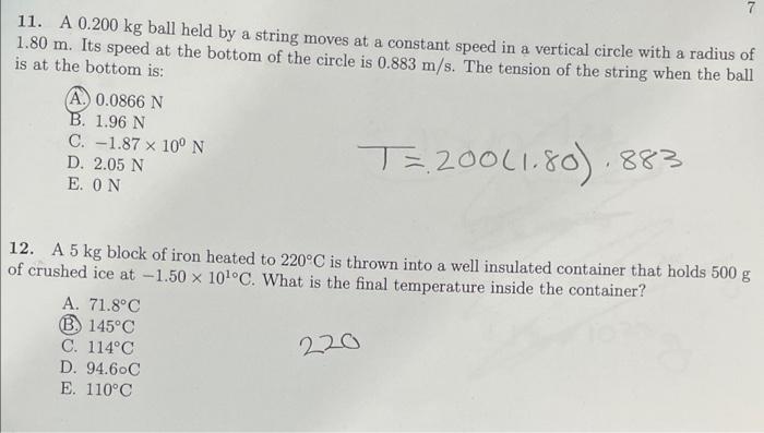 Solved 11. A 0.200 kg ball held by a string moves at a | Chegg.com
