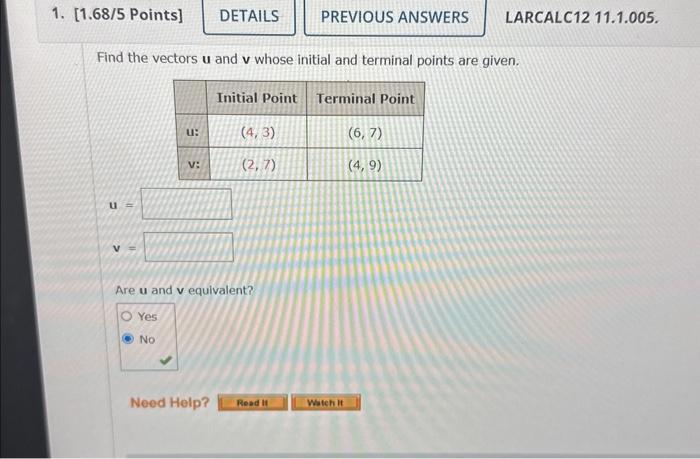 Solved Find the vectors u and v whose initial and terminal | Chegg.com