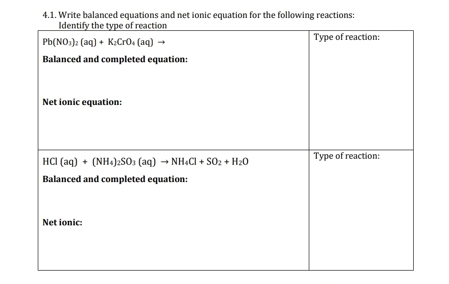 Solved 4.1. ﻿Write balanced equations and net ionic equation | Chegg.com