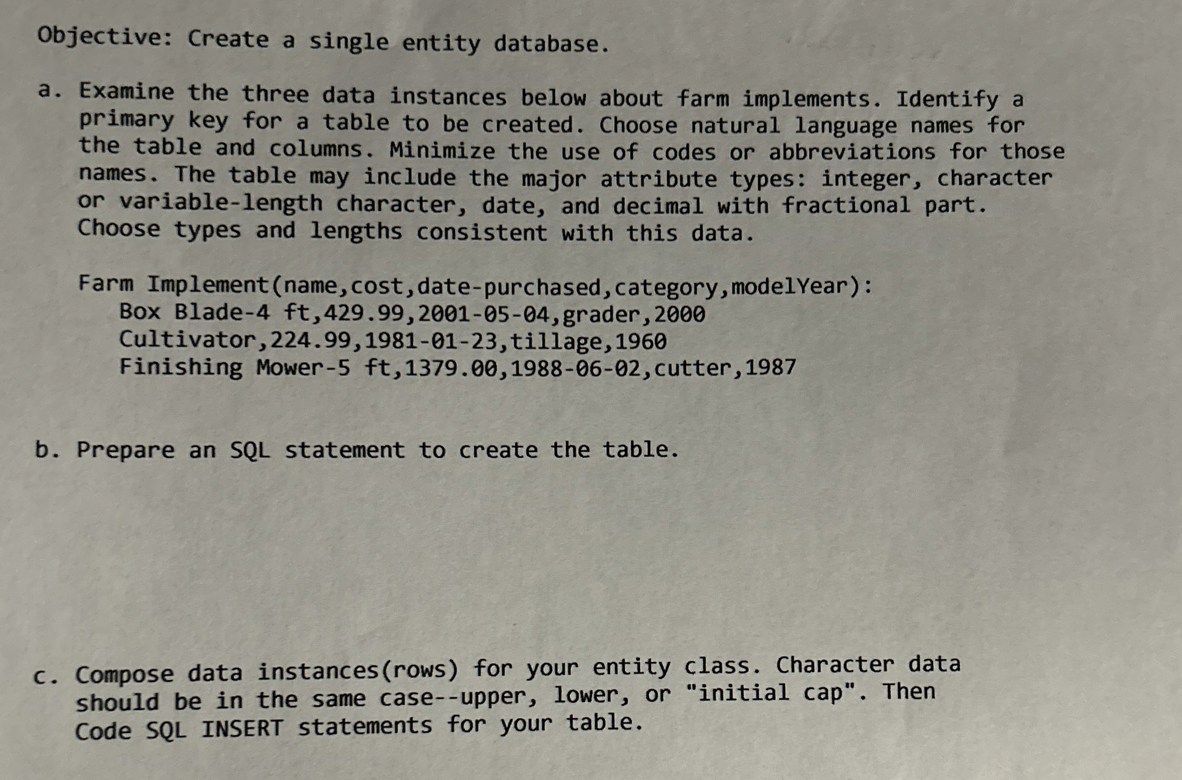 Solved Objective: Create a single entity database.a. | Chegg.com