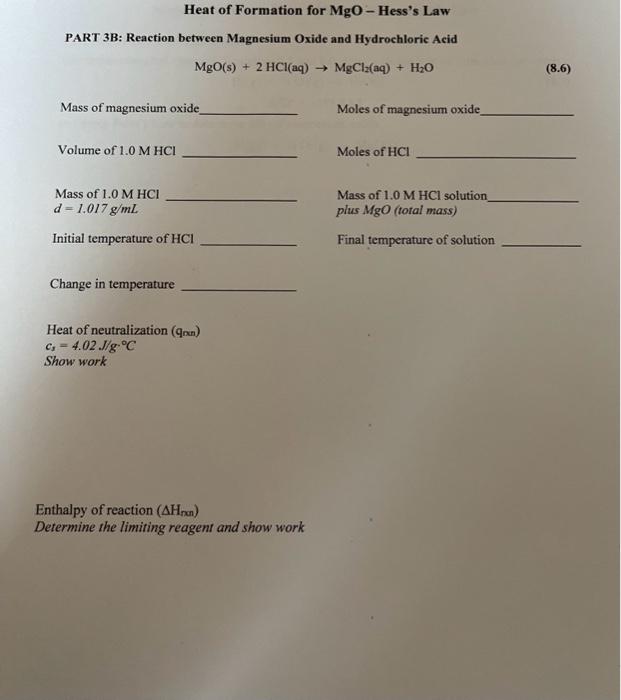 Solved PART 3A: Reaction between Magnesium and Hydrochloric | Chegg.com