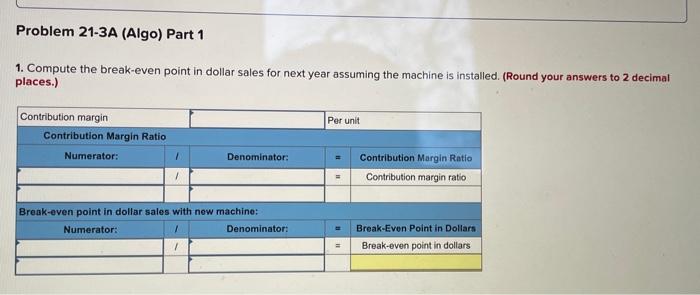 Solved Problem 21-3A (Algo) Break-even analysis; income | Chegg.com