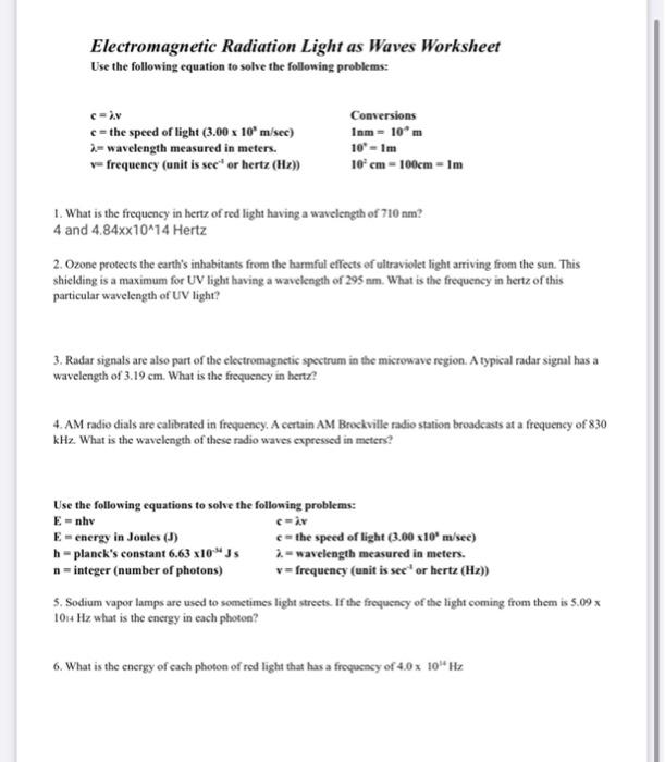 Solved Electromagnetic Radiation Light as Waves Worksheet | Chegg.com