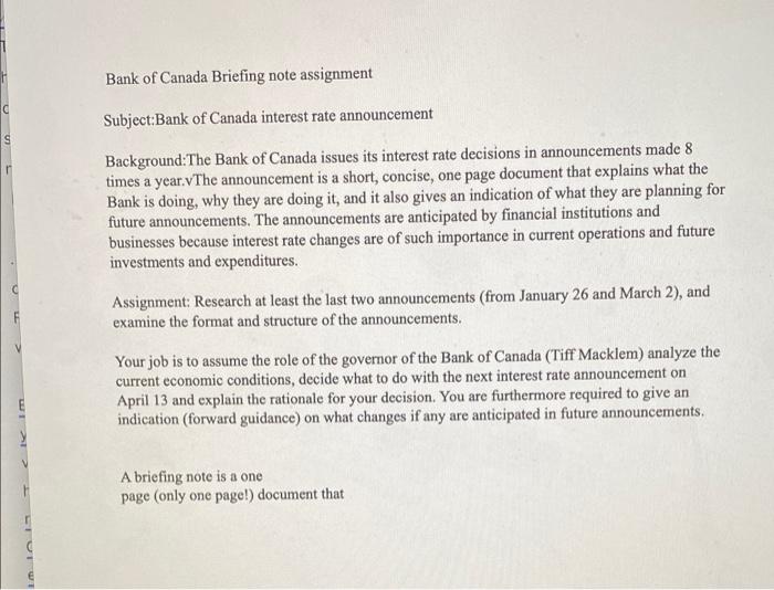 Solved Bank of Canada Briefing note assignment Subject:Bank | Chegg.com