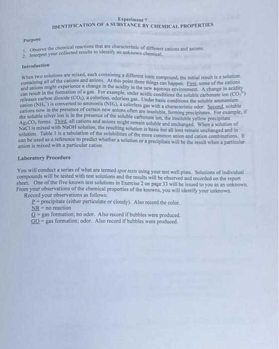 Experiment 7 IDENTIFICATION OF A SUBSTANCE BY | Chegg.com