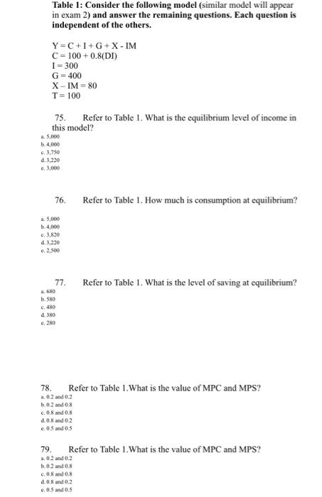 Solved Table 1: Consider the following model (similar model | Chegg.com