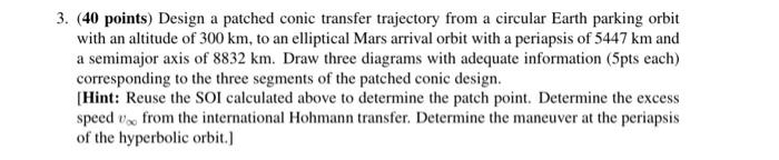Solved 3. (40 points) Design a patched conic transfer | Chegg.com Solved 3. (40 points) Design a patched conic transfer | Chegg.com