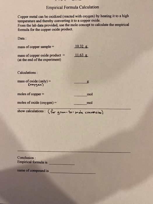Solved Empirical Formula Calculation Copper metal can be | Chegg.com