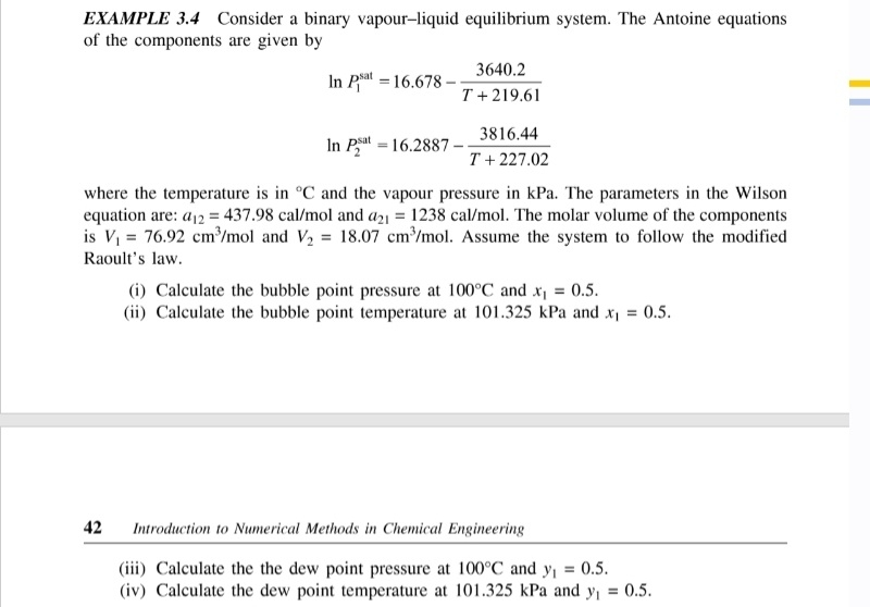 EXAMPLE 3.4 ﻿Consider a binary vapour-liquid | Chegg.com