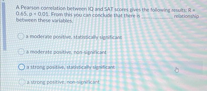 Solved A Pearson correlation between IQ and SAT scores gives | Chegg.com