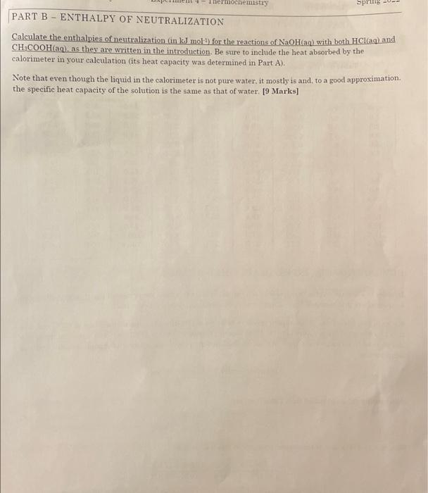 Solved hermochemistry PART B ENTHALPY OF NEUTRALIZATION | Chegg.com