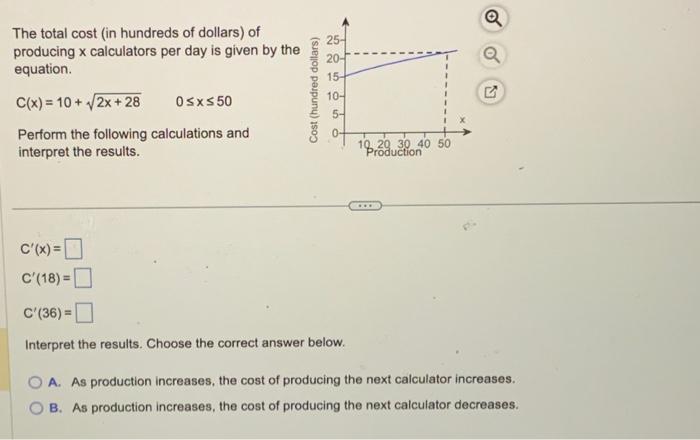 Solved The total cost (in hundreds of dollars) of producing | Chegg.com