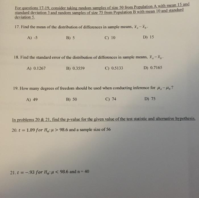 Solved For questions 17-19. consider taking random samples | Chegg.com