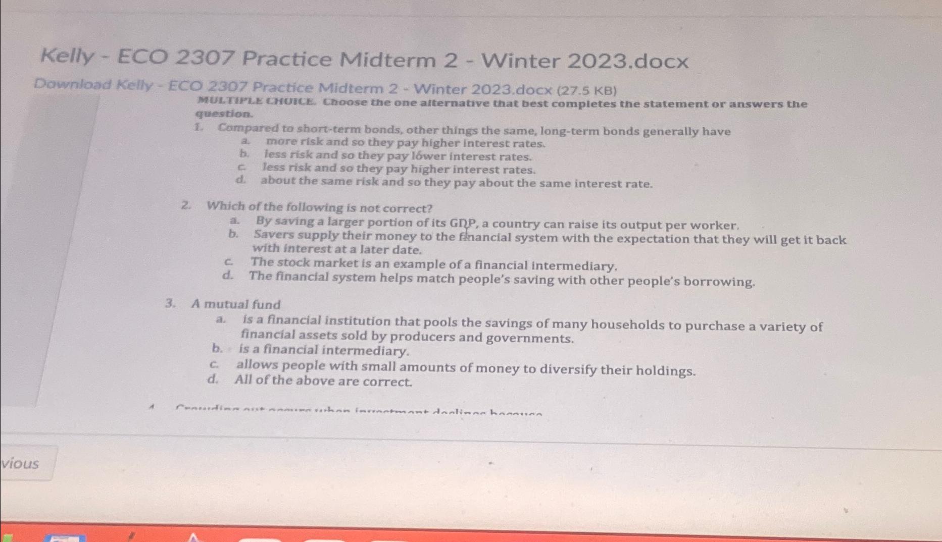 Solved Kelly - ﻿ECO 2307 ﻿Practice Midterm 2 - ﻿Winter | Chegg.com