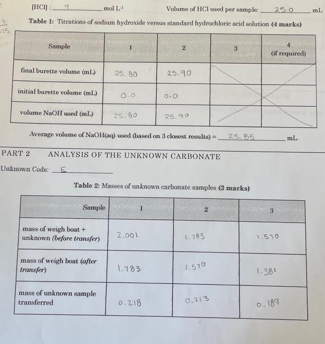 2. Calculate the moles of HCl in 50.00ml of the | Chegg.com