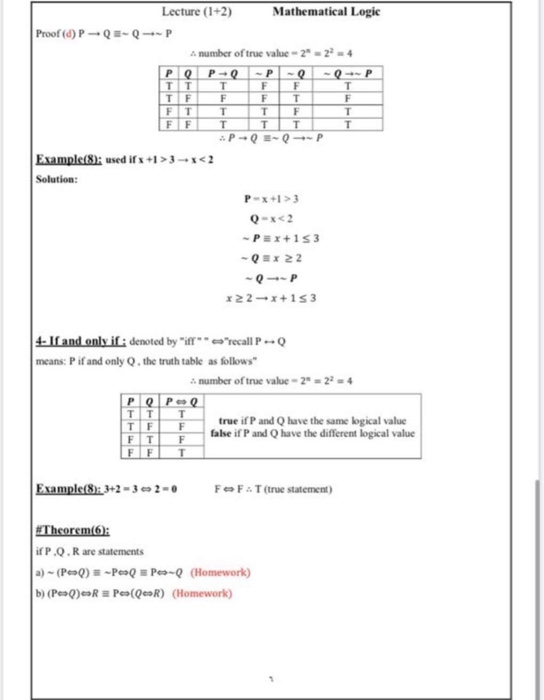 Solved Lecture (1+2) Mathematical Logic PO PvQ T T T T F T F | Chegg.com