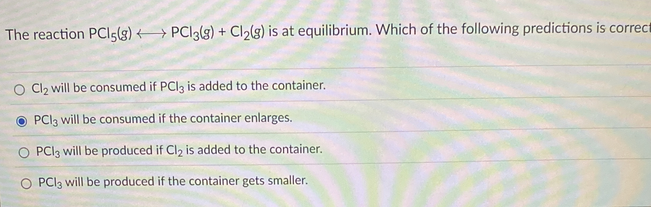 Solved The reaction PCl5(g)longleftrightarrowPCl3(g)+Cl2(g) | Chegg.com
