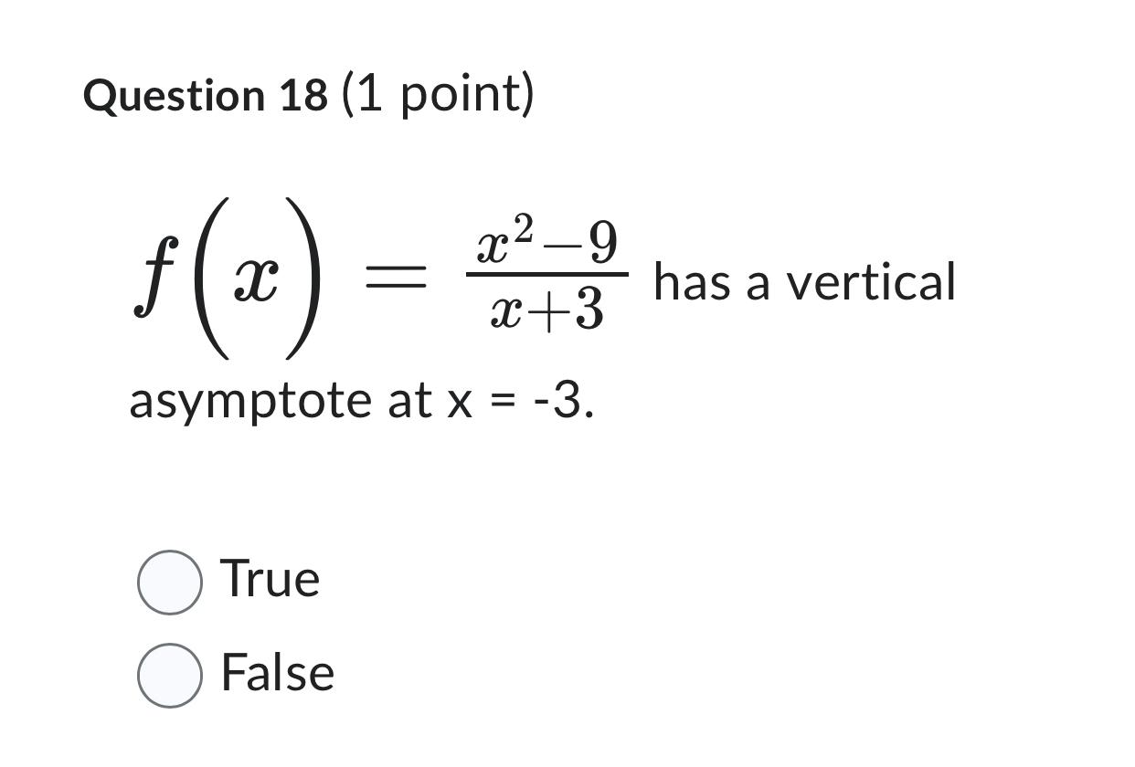 Solved Question 18 (1 ﻿point)f(x)=x2-9x+3 ﻿has a vertical | Chegg.com
