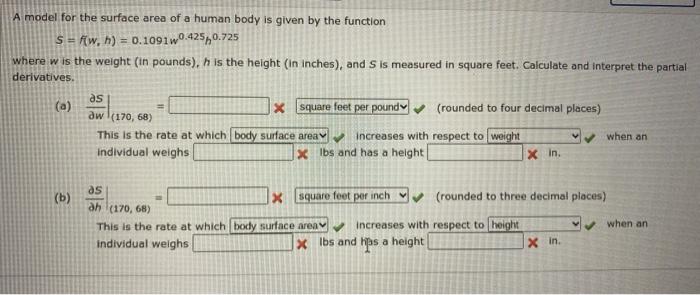 Solved A model for the surface area of a human body is given | Chegg.com