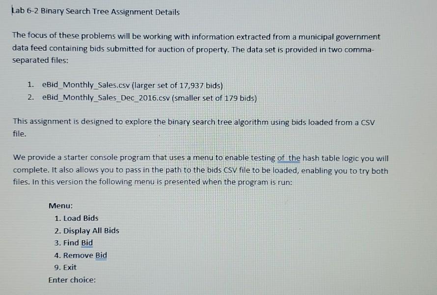 Solved Lab 6-2 Binary Search Tree Assignment Details The | Chegg.com