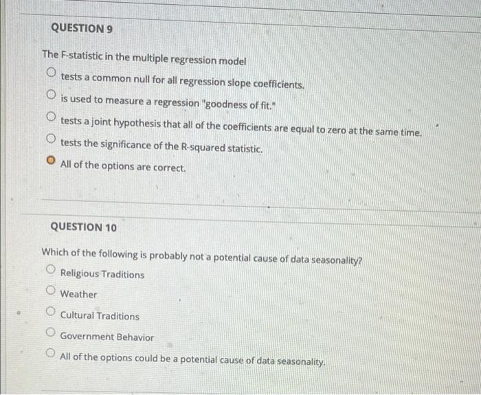 Solved QUESTION 9 The F-statistic in the multiple regression | Chegg.com