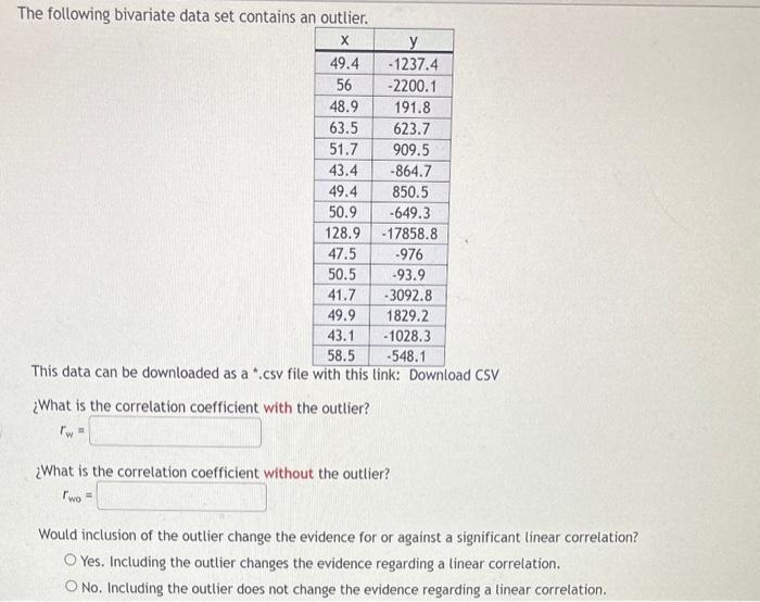 Solved The following bivariate data set contains an outlier. | Chegg.com